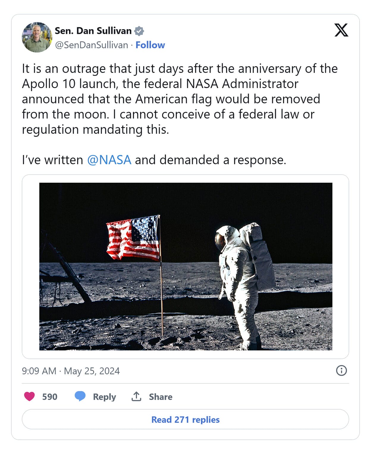 Senator Sullivan blasts NASA for allegedly removing American flag on ...